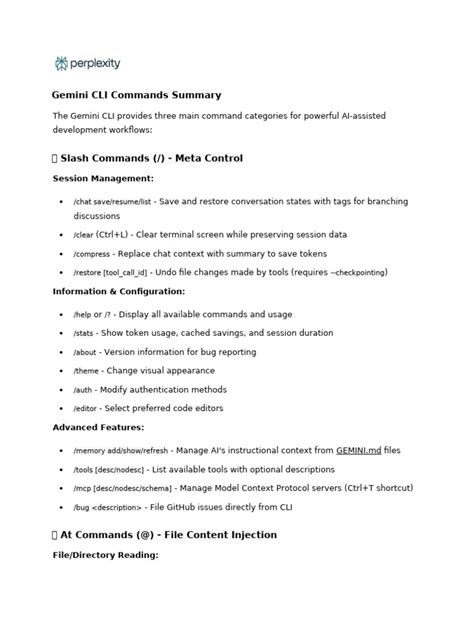 Gemini Cli Commands Summary Pdf Command Line Interface Computer File