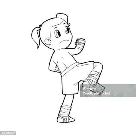 무에타이 킥복싱 타이 복싱 귀여운 아이 싸움 액션 만화 낙서 벡터 그림 흰색 배경 권투 선수에 대한 스톡 벡터 아트 및 기타