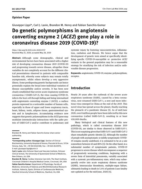 Pdf Do Genetic Polymorphisms In Angiotensin Converting Enzyme 2 Ace2