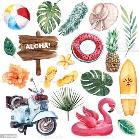 여름 방학 일러스트 세트입니다 수채화 그림 격리된 개체입니다 열대 휴양지에서의 여름 휴가 기념품 엽서 포스터 및 초대장 디자인을