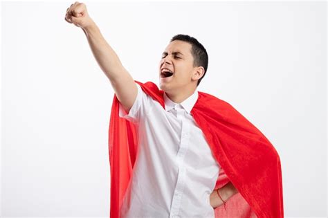 Garoto Jovem Super Herói Confiante Com Capa Vermelha Segurando A Mão
