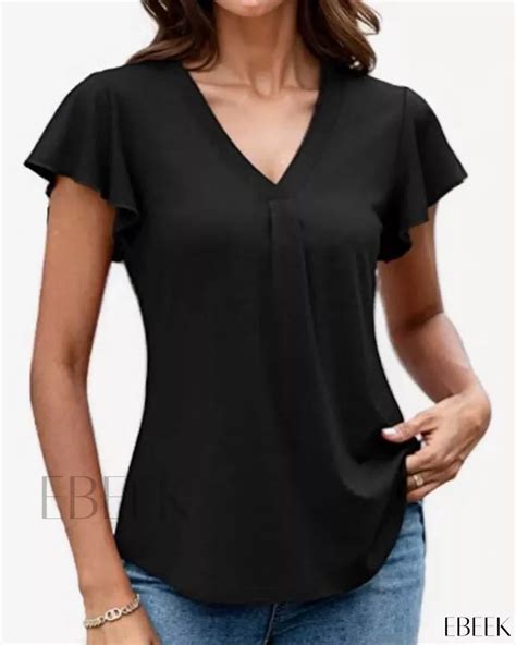 Ebeek Refined Pleated Short Sleeve Top With Solid V Neck And