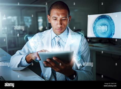 tablet hologram and scientist work with digital innovation data and