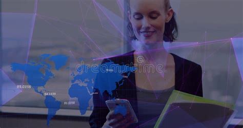 Image Of Data Processing And Map Over Woman Using Smartphone Stock Illustration Illustration