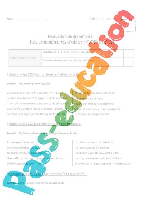 Complément d objet COD COI Cm2 Bilan PDF à imprimer