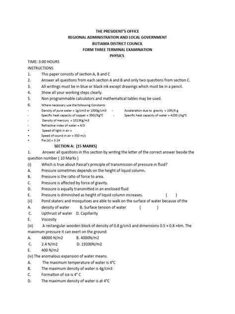 Physics Form Three Pdf Pressure Water