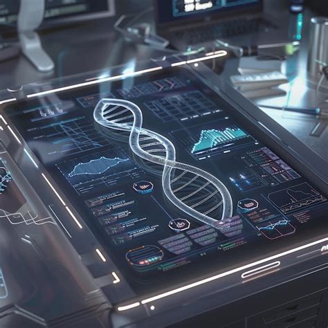 futuristic digital interface displaying a dna helix and scientific data