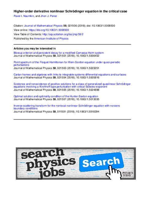 Pdf Higher Order Derivative Nonlinear Schrödinger Equation In The Critical Case Jhon Perez