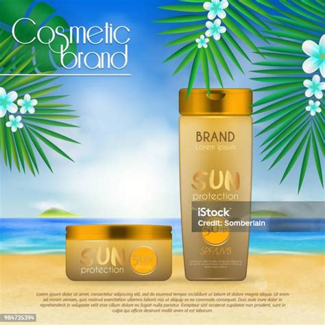 이국적인 야자수와 해변 배경에 여름 선크림 화장품 디자인 서식 파일 나뭇잎 3d 현실 태양 보호와 제품 광고입니다 3차원 형태에 대한 스톡 벡터 아트 및 기타 이미지