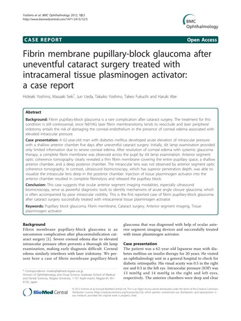 Pdf Fibrin Membrane Pupillary Block Glaucoma After Uneventful Cataract Surgery Treated With