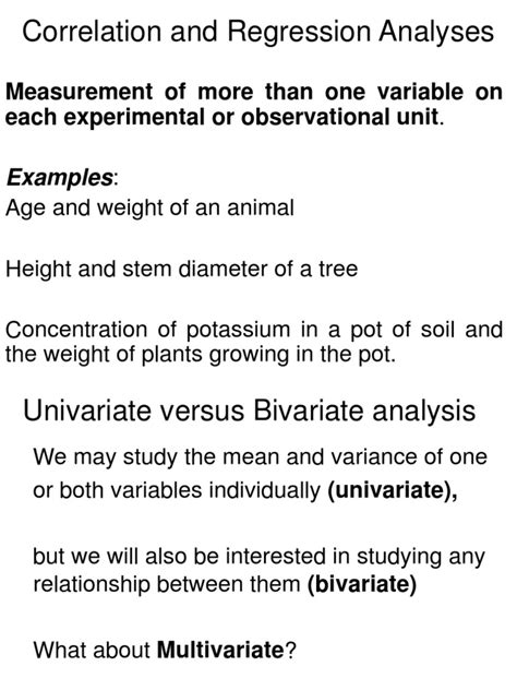 Correlation And Regression Analyses Measurement Of More Than One Variable On Each Experimental