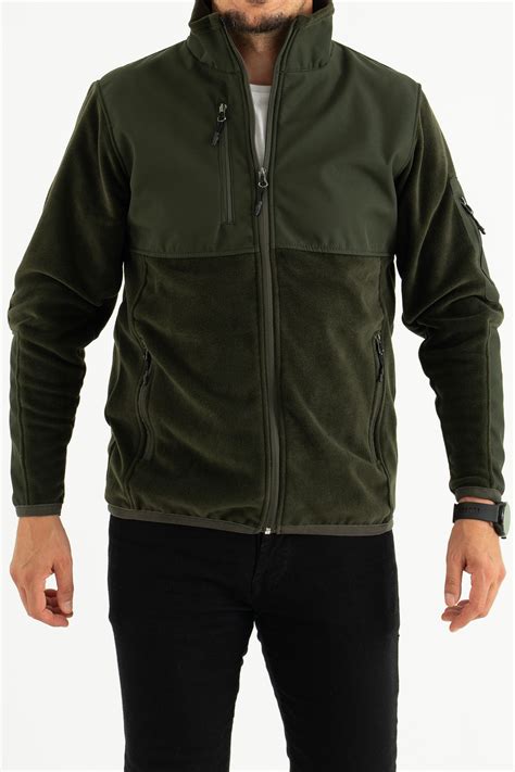 REYNARD Erkek Haki Dar Kalıp Anti pilling Tüylenme Yapmayan Tam Fermuar Softshell Garnili Polar