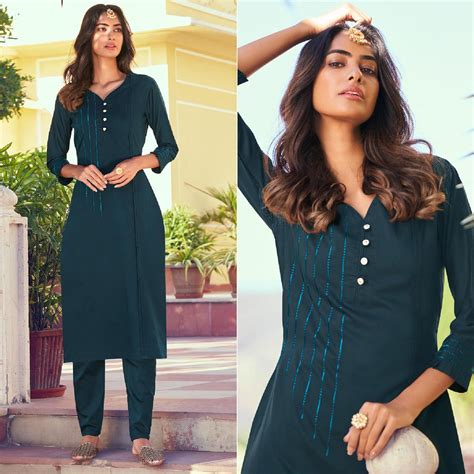 Teal Embroidered Viscose Kurti Pant Set
