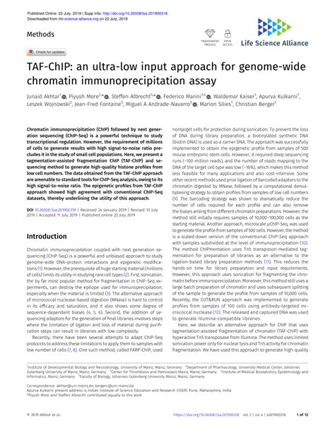 Pdf Taf Chip An Ultra Low Input Approach For Genome Wide Chromatin Immunoprecipitation Assay