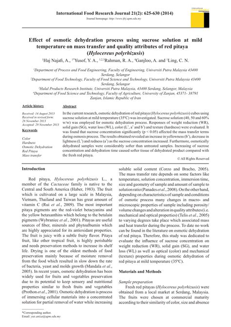 Pdf Effect Of Osmotic Dehydration Process Using Sucrose Solution At Mild Temperature On Mass
