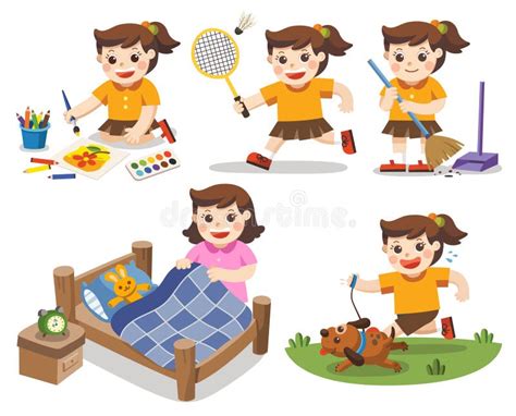 The Daily Routine Of A Cute Girl On A White Background Stock Vector