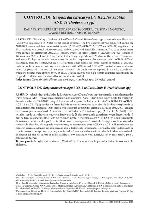 Pdf Control Of Guignardia Citricarpa By Bacillus Subtilis And Trichoderma Spp