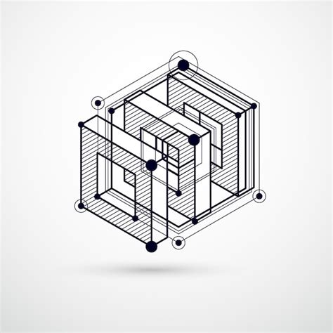 선과 모양 추상적인 벡터 아이소메트릭 3d 흑백 배경 엔진 또는 엔지니어링 메커니즘의 추상 체계입니다 큐브 육각형 정사각형 직사각형 및 다양한 요소의 레이아웃