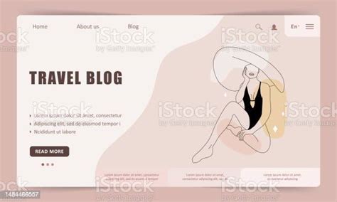 여행 블로그 랜딩 페이지 템플릿입니다 모자를 쓴 추상적인 선형의 여자 한 줄 스타일의 현대 미니멀리스트 여성 여행자 벡터 외곽선