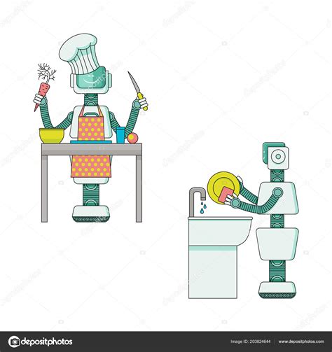 Robot Doing Housework Collection Android Housekeeper Prepares Food