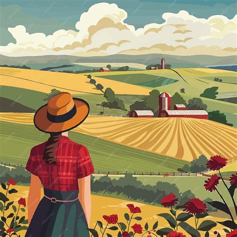 Premium Vector Farm Landscape With Woman Vector