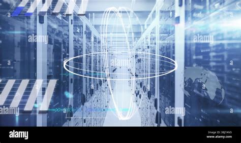 Digital Overlays Glowing In Data Center Corridor With Server Racks