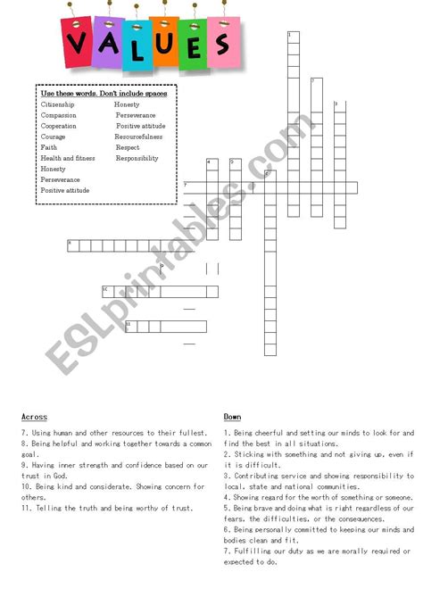 Personal Values Crossword Esl Worksheet By Plucka
