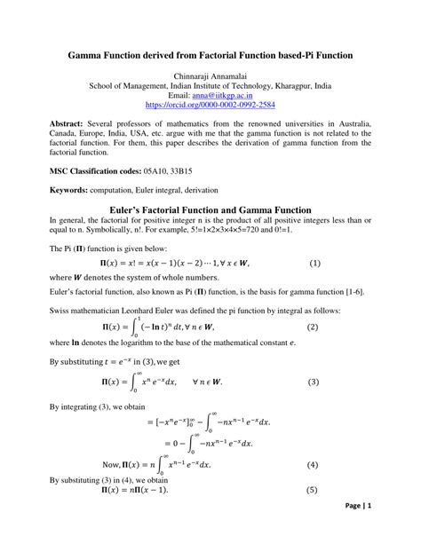 Pdf Gamma Function Derived From Factorial Function Based Pi Function