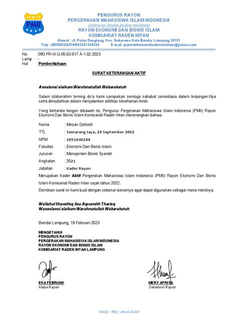 Surat Keterangan Aktif Pmii Pdf Bisnis Perjalanan