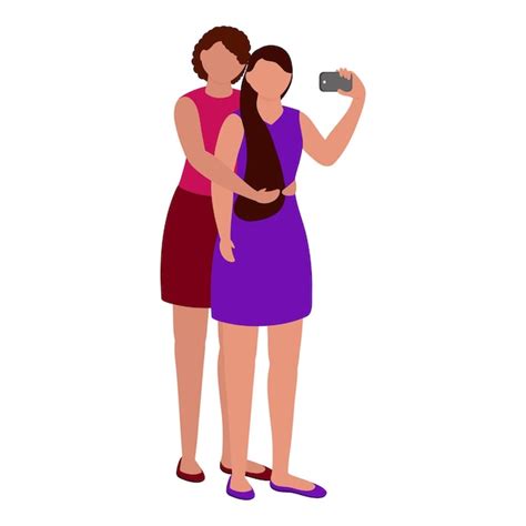 Chicas jóvenes sin rostro abrazando y tomando un selfie juntos contra