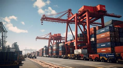 Premium Photo Container Ship Terminal Cranes Lifting Containers Onto