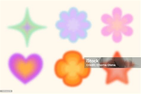 Y2k 그라데이션이 흐릿한 요소입니다 추상적인 모양과 아우라가 있는 복고풍 스티커 꽃 마음 별의 미적 인물 벡터 그루비 트렌디 세트 그라데이션에 대한 스톡 벡터 아트 및