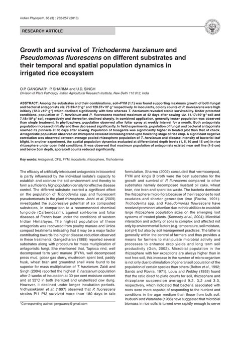 Pdf Growth And Survival Of Trichoderma Harzianum And Pseudomonas Fluorescens On Different
