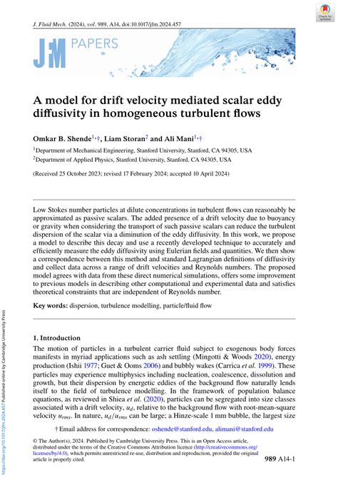 Pdf A Model For Drift Velocity Mediated Scalar Eddy Diffusivity In Homogeneous Turbulent Flows