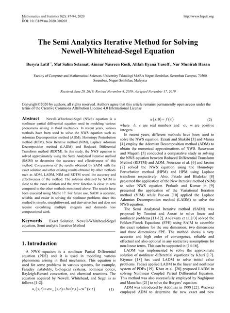 Pdf The Semi Analytics Iterative Method For Solving Newell Whitehead Segel Equation