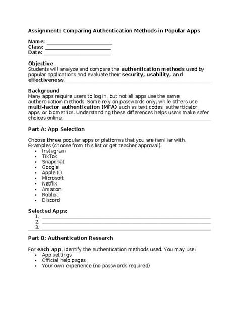 Authentication Cybersecurity Comparing Authentication Methods Worksheet