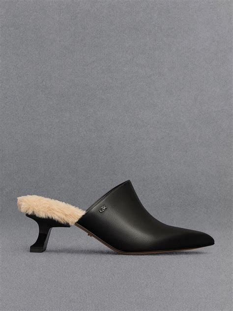 Black Leather Fur Trim Sculptural Heel Mules Charles And Keith Au