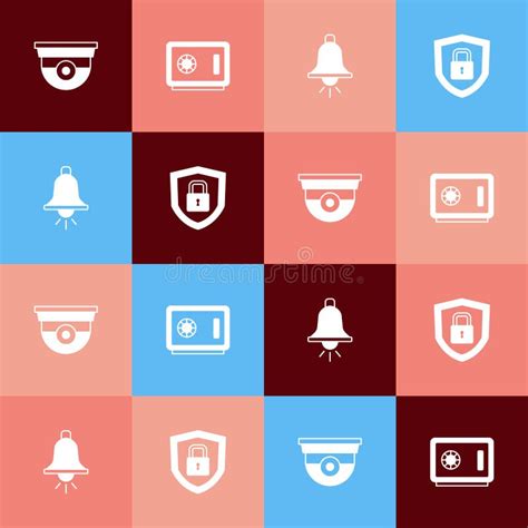 Set Pop Art Security Camera Safe Ringing Alarm Bell And Shield Security With Lock Icon Vector