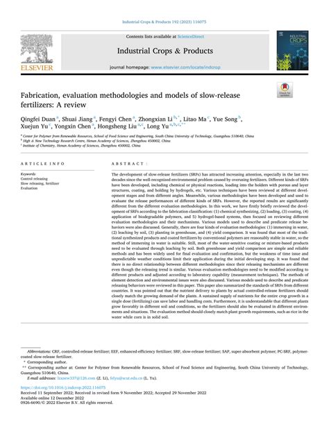 Pdf Fabrication Evaluation Methodologies And Models Of Slow Release Fertilizers A Review