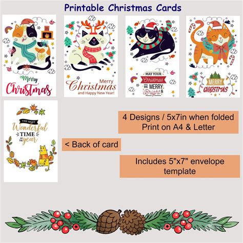 Set Of 4 Printable Christmas Cards Funny Cat Xmas Card Silly Cat