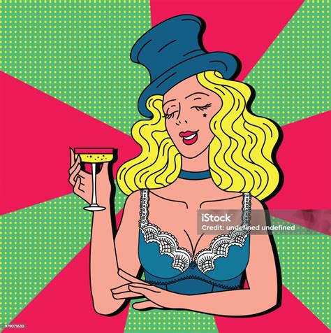 토스트 소녀 파티 핑크 레트로 배경 팝 아트 복고풍 벡터입니다 축 하 고 파티입니다 알콜 음료입니다 모자 및 란제리 샴페인 빈티지 카바레 여자 건배 건배 축 하 여자