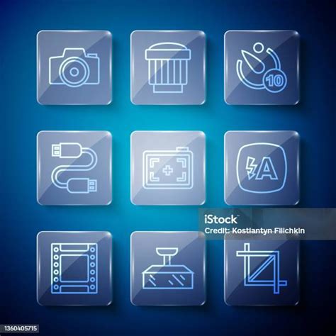 세트 라인 카메라 롤 카트리지 소프트 박스 빛 사진 작물 사진 타이머 사진 카메라 Usb 케이블 코드 및 자동 플래시 아이콘 벡터 Usb 케이블에 대한 스톡 벡터 아트 및