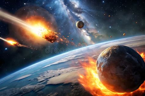 meteor approaching earth in space the meteorite is approaching the planet burning exploding