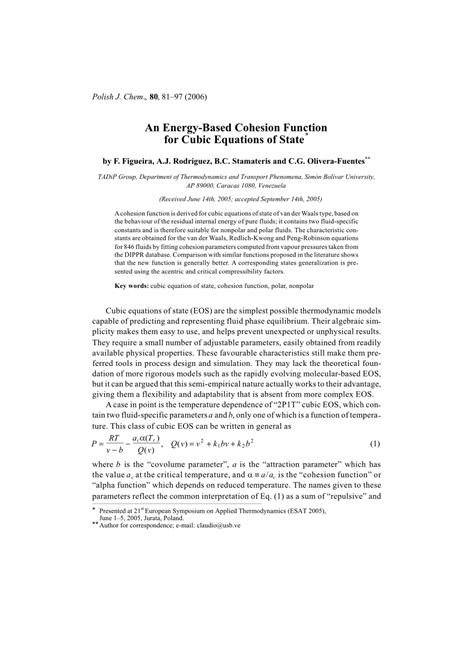 Pdf An Energy Based Cohesion Function For Cubic Equations Of State