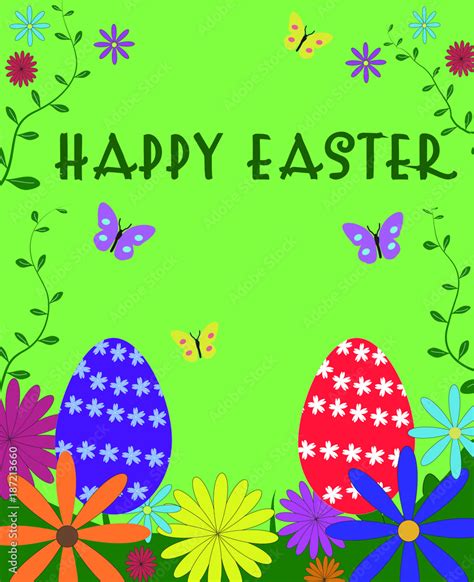 Happy Easter Poster Sign Text On Green Background With Flower Easter