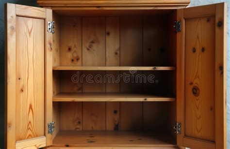Open Wooden Cupboard In Kitchen Empty Shelves Inside Natural Wood