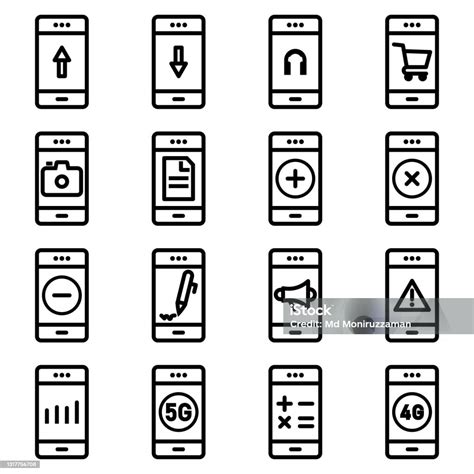 휴대 전화 얇은 선 벡터 아이콘 세트 픽셀 완벽 편집 가능한 스트로크 이 세트에는 스마트 폰 비접촉식 결제 모바일 결제 증강 현실 온라인 쇼핑 전자 메일 Qr 스캔의