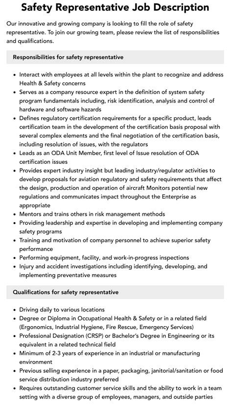 Safety Representative Job Description Velvet Jobs