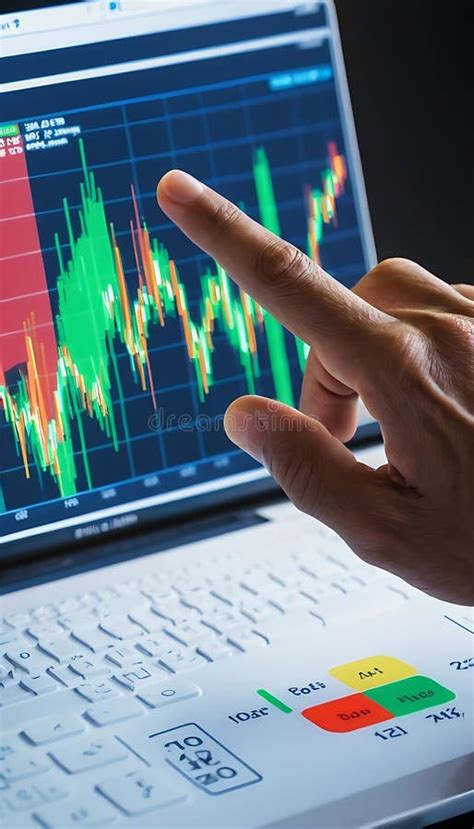 analyzing stock market data on laptop screen with finger pointing chart