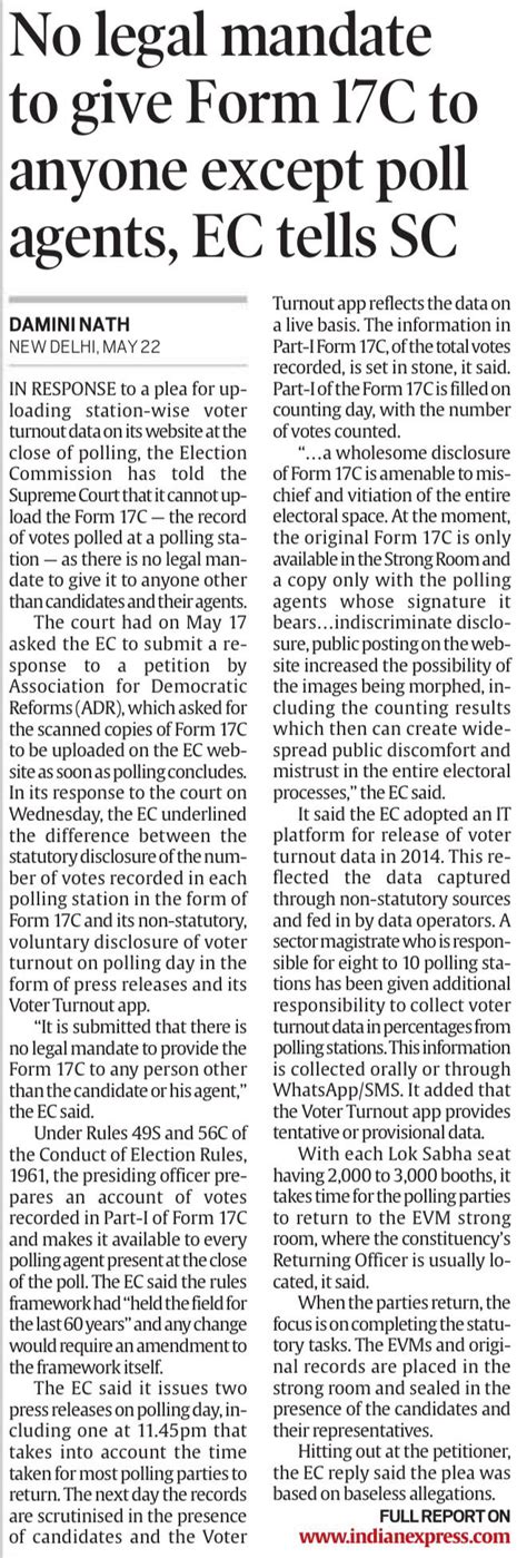 No Legal Mandate To Give Form 17c To Anyone Except Poll Agents Ec Tells Sc R Nocensorindia